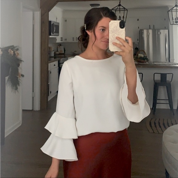 J. Crew | Tops | Jcrew Tiered Bell Sleeve Top In Drapery Crape | Poshmark